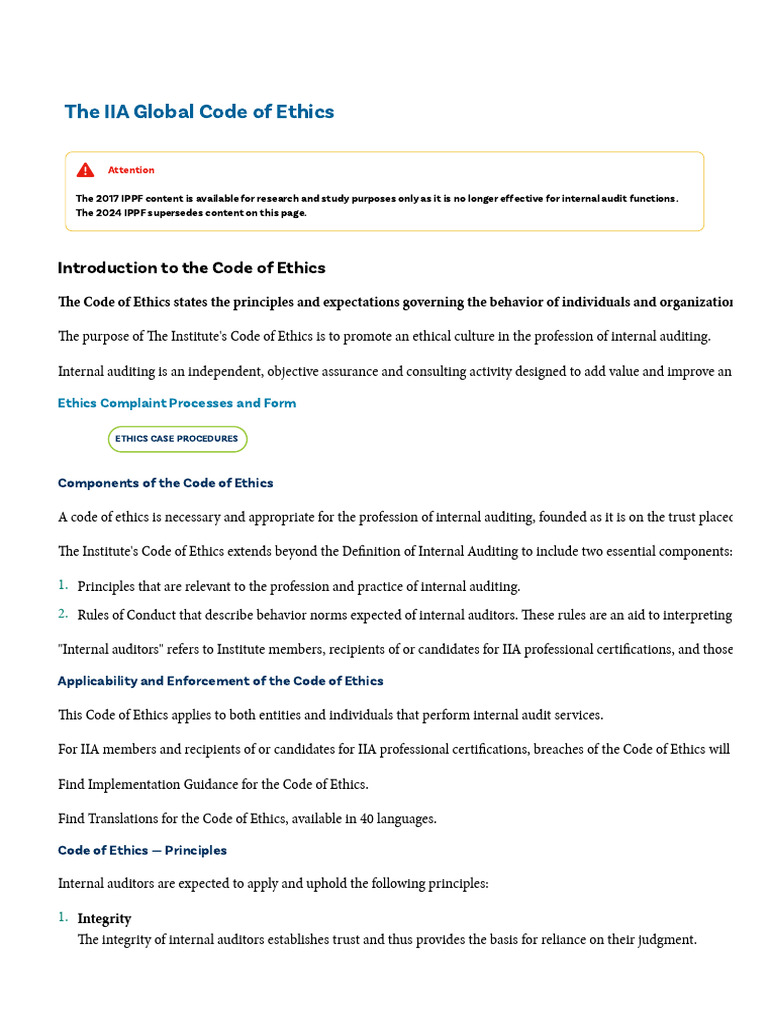 IIA Global Code of Ethics Overview | PDF | Internal Audit | Audit