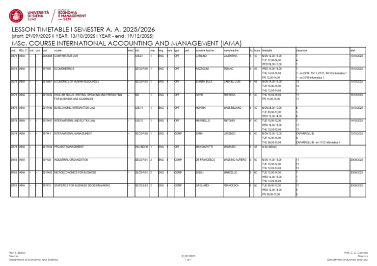 IAMA MSc Course Timetable 2025/2026 | PDF