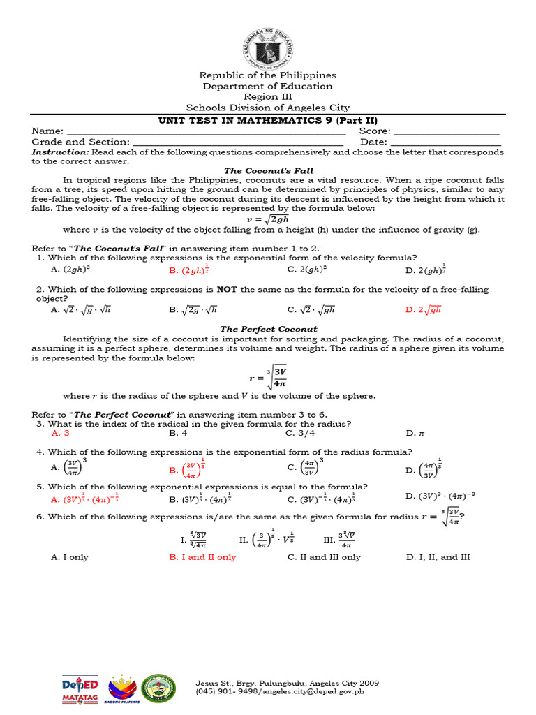Math 9 Q2U1 Part 2 With Answer | PDF | Equations | Subtraction