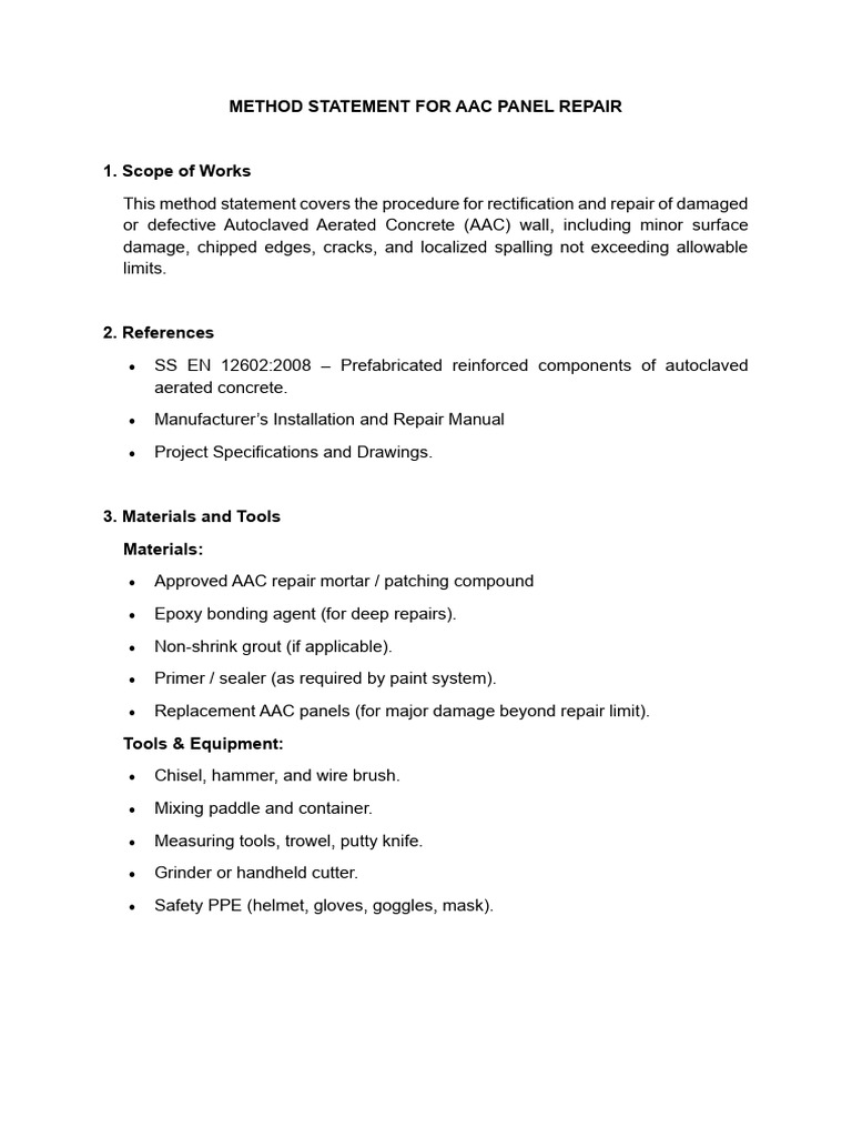 Method Statement For Aac Panel Repair | PDF | Materials | Building ...