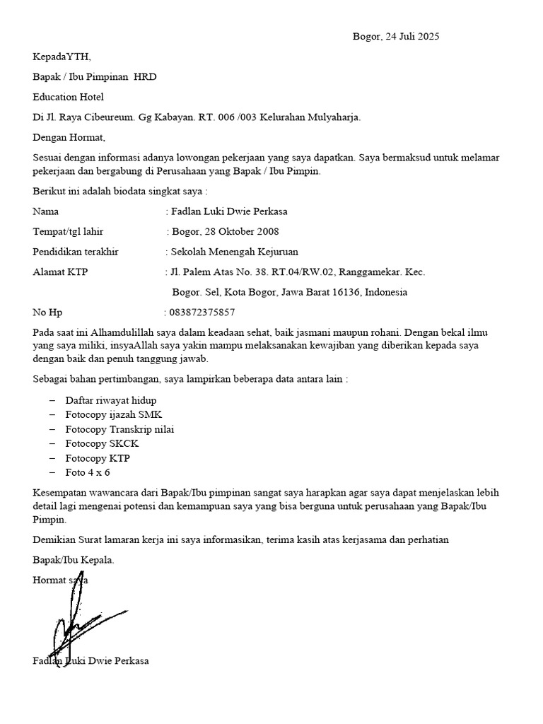 Surat Lamaran Kerja Fadlan Luki | PDF