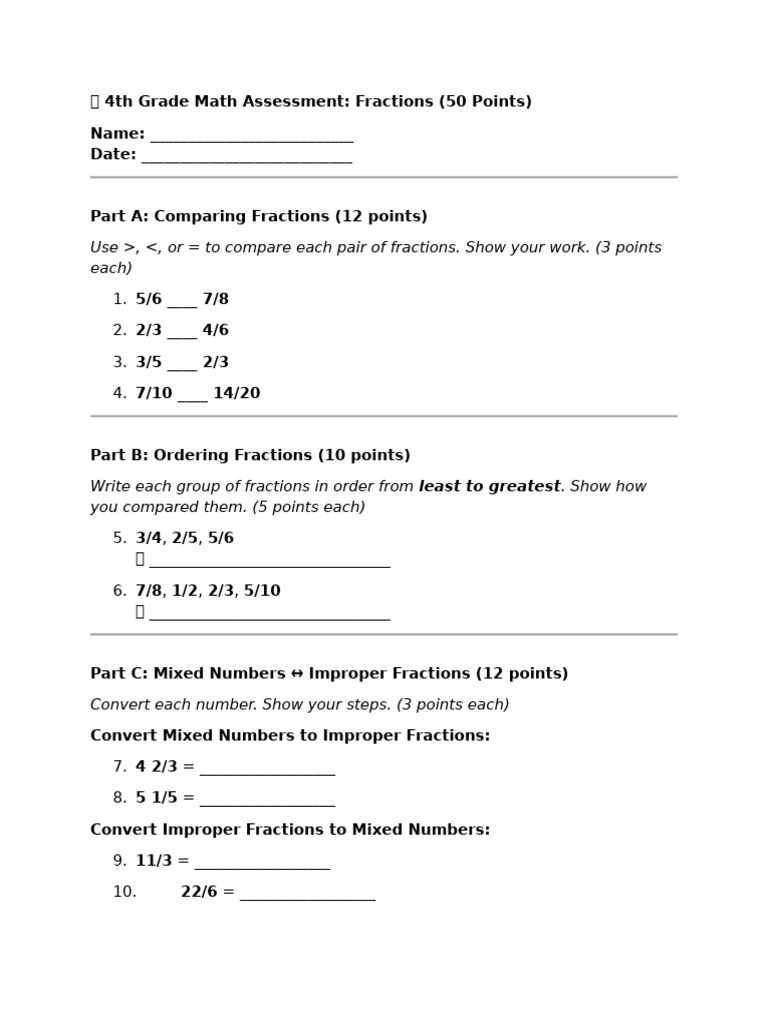 Grade 4 and 6 Fractions Assessment | PDF