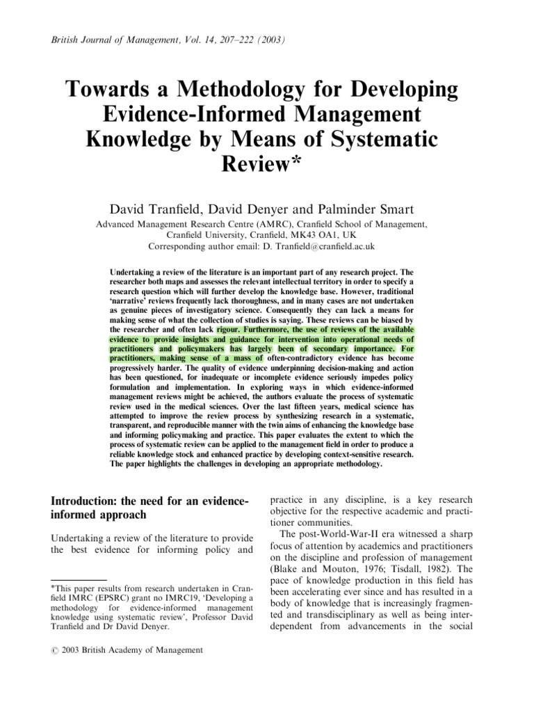 2003 - Tranfield - SLR IMP | PDF | Evidence Based Medicine | Systematic ...