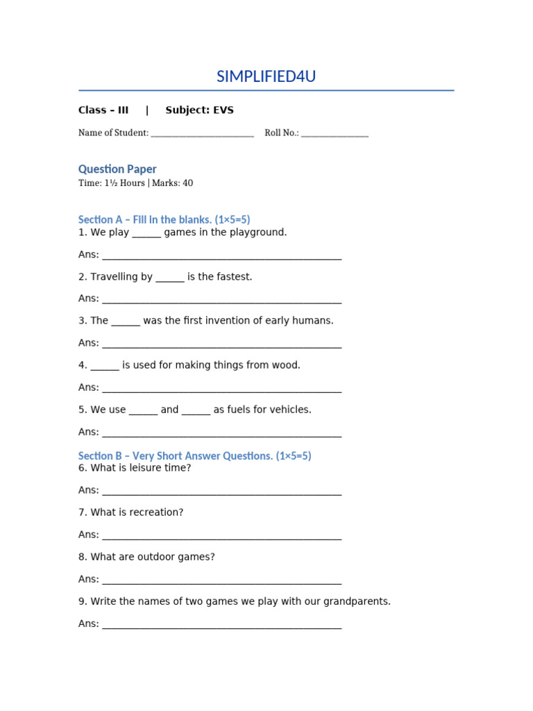 Class III EVS Question Paper Simplified4U TwoPages Final | PDF ...