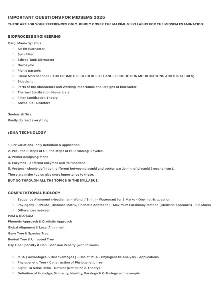 Important Questions For Midsems 2025 | PDF | Phylogenetic Tree ...