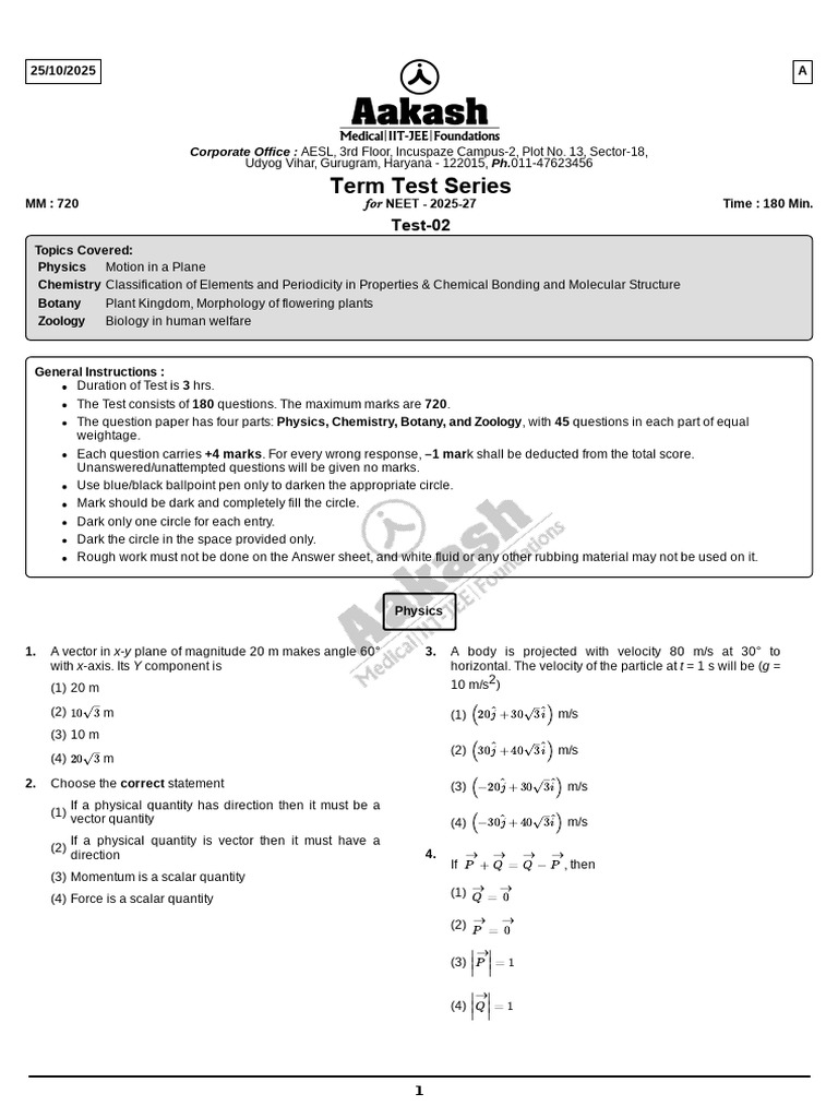 (TS) TYM - JCT (Phase-2) For NEET - TT-02 - 25-10-2025 - Questionpaper | PDF | Molecular Orbital ...
