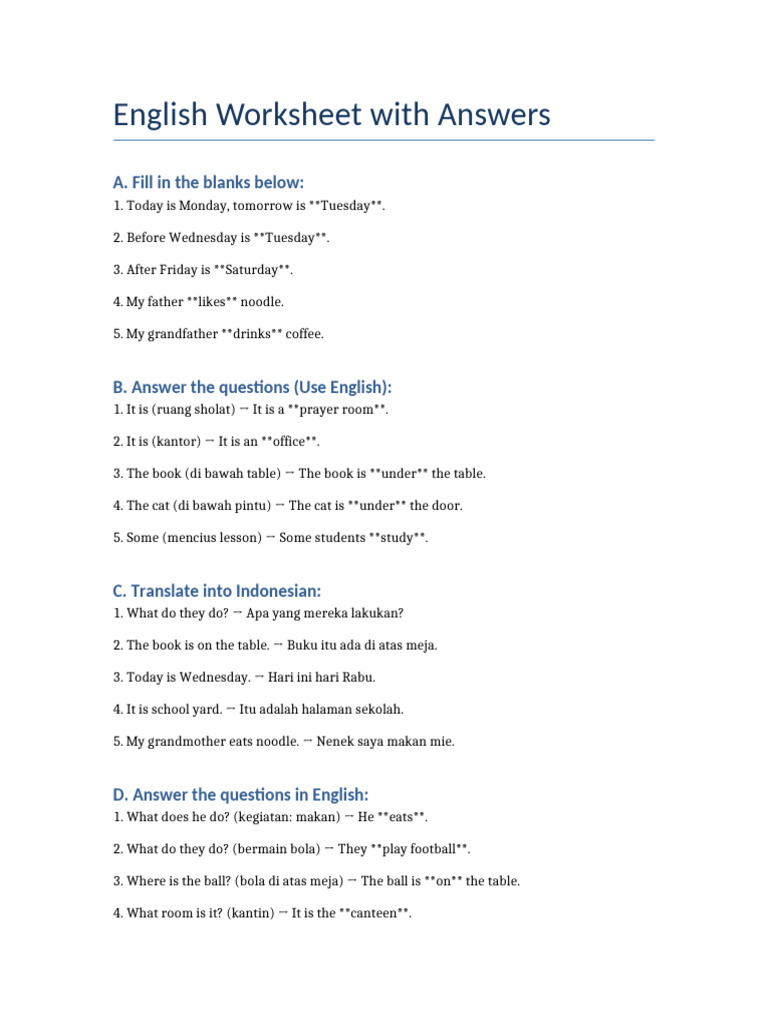 English Worksheet With Answers | PDF