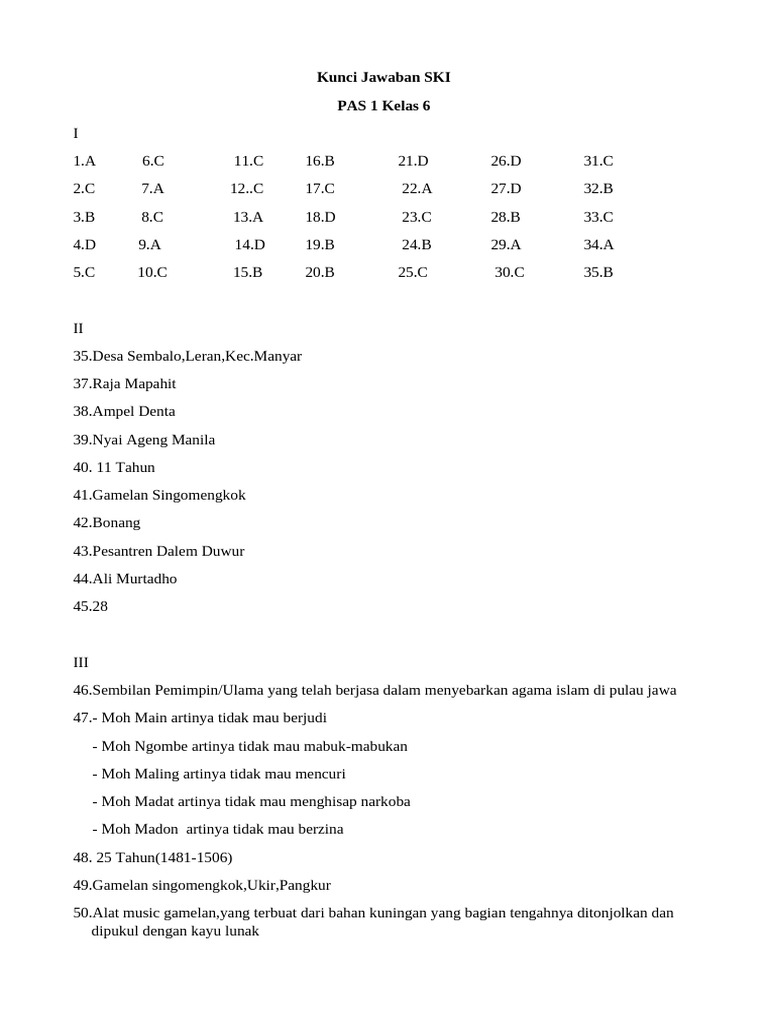 Kunci Jawaban SKI Kelas 6 Bu Esti | PDF