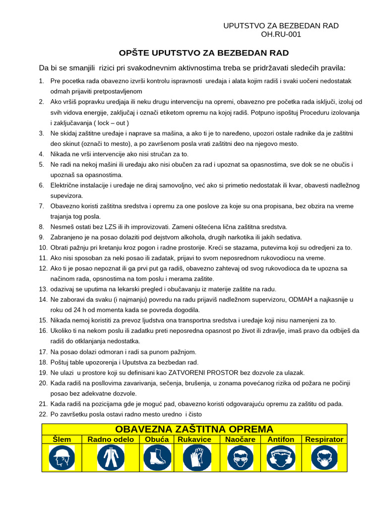 Opste uputstvo za bezbedan rad | PDF