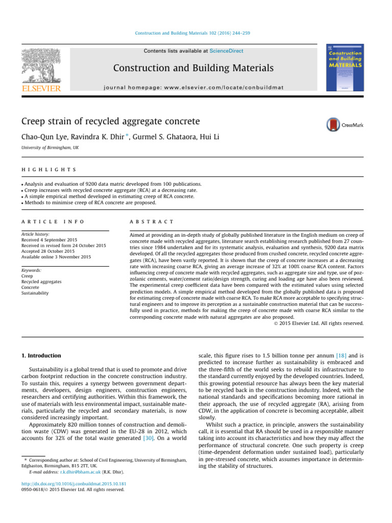 Creep Strain of Recycled Aggregate Concrete | PDF | Concrete | Creep ...