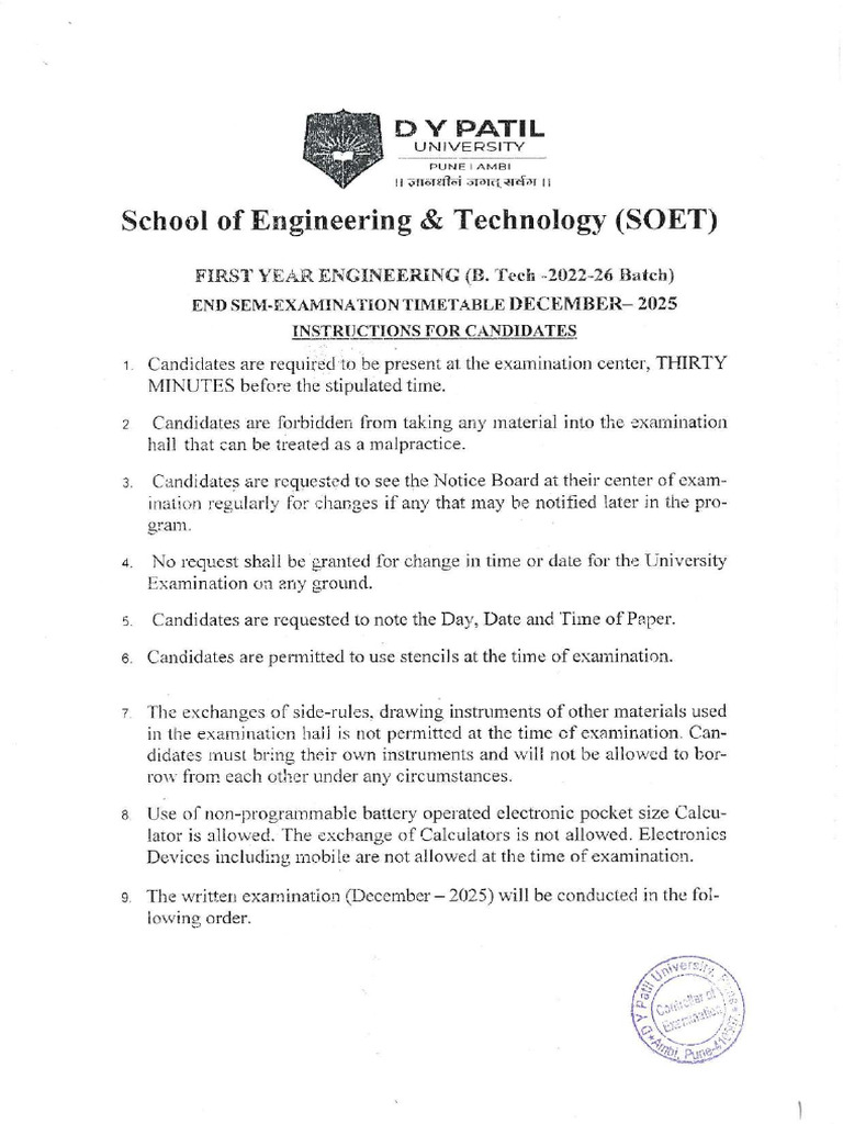 Time Table DEC. 2025 (Batch 2022-26) | PDF