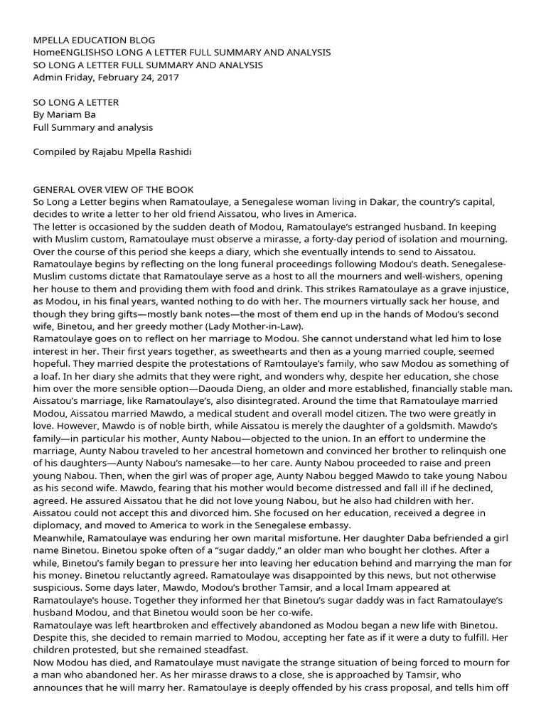 Analysis For So Long A Letter | PDF | Suffering | Marriage