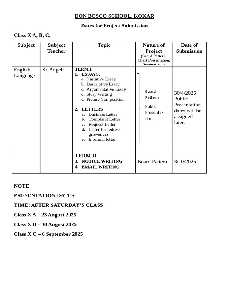 Project Submission Dates - Cl. X Eng I | PDF