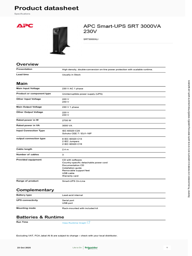 SRT3000XLI UPS Datasheet Overview | PDF | Electrical Engineering ...