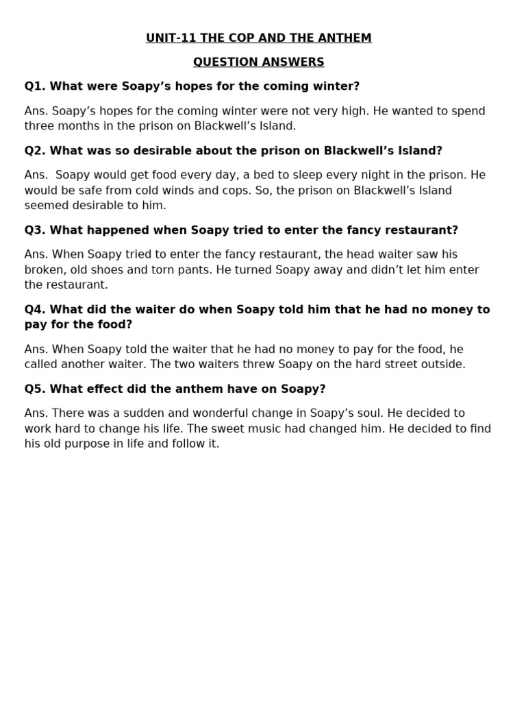 Unit 11 - QAns (The Cop and The Anthem) | PDF