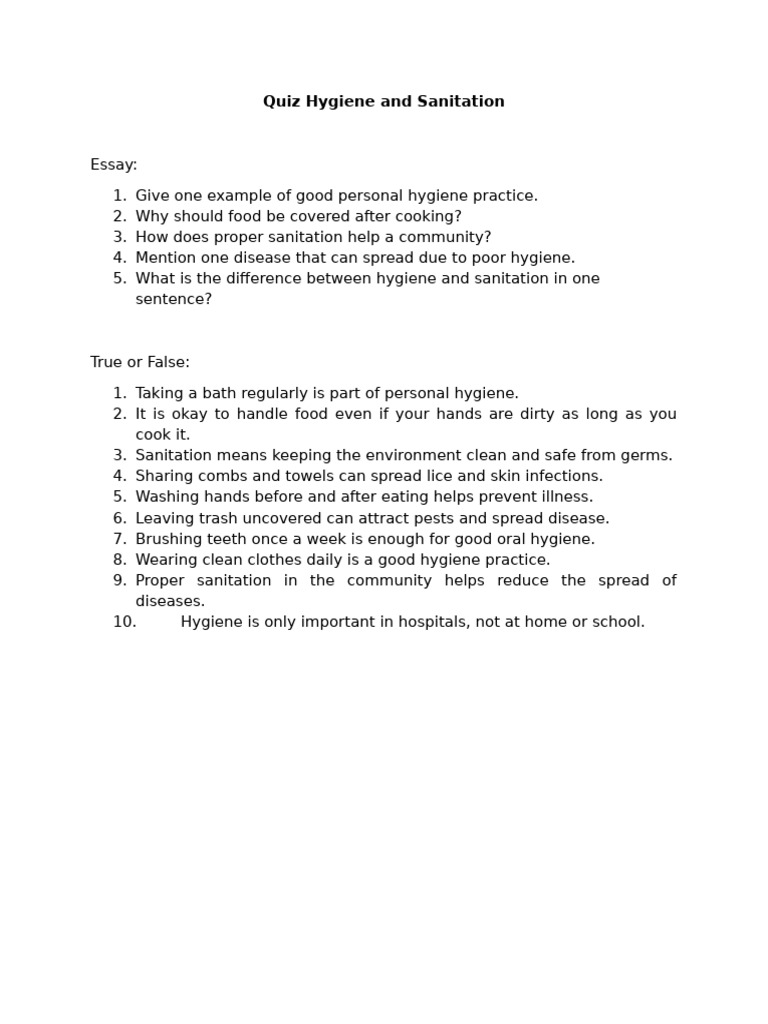 Hygiene and Sanitation Quiz Guide | PDF