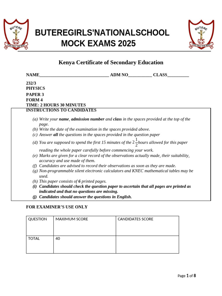 KCSE Physics Paper 3 Mock 2025 | PDF | Physical Quantities | Quantity