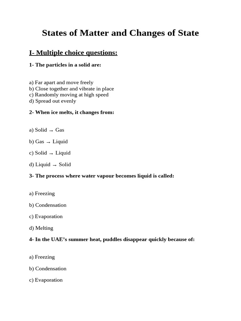 States of Matter and Changes of State Worksheet | PDF | Liquids | Water