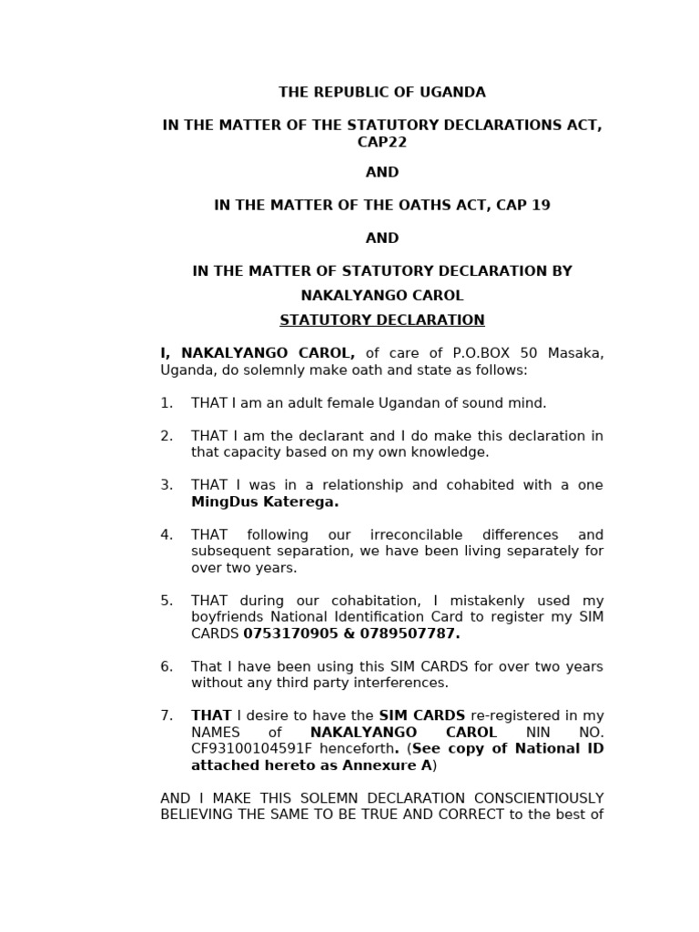 Statutory Declaration by Nakalyango Carol | PDF