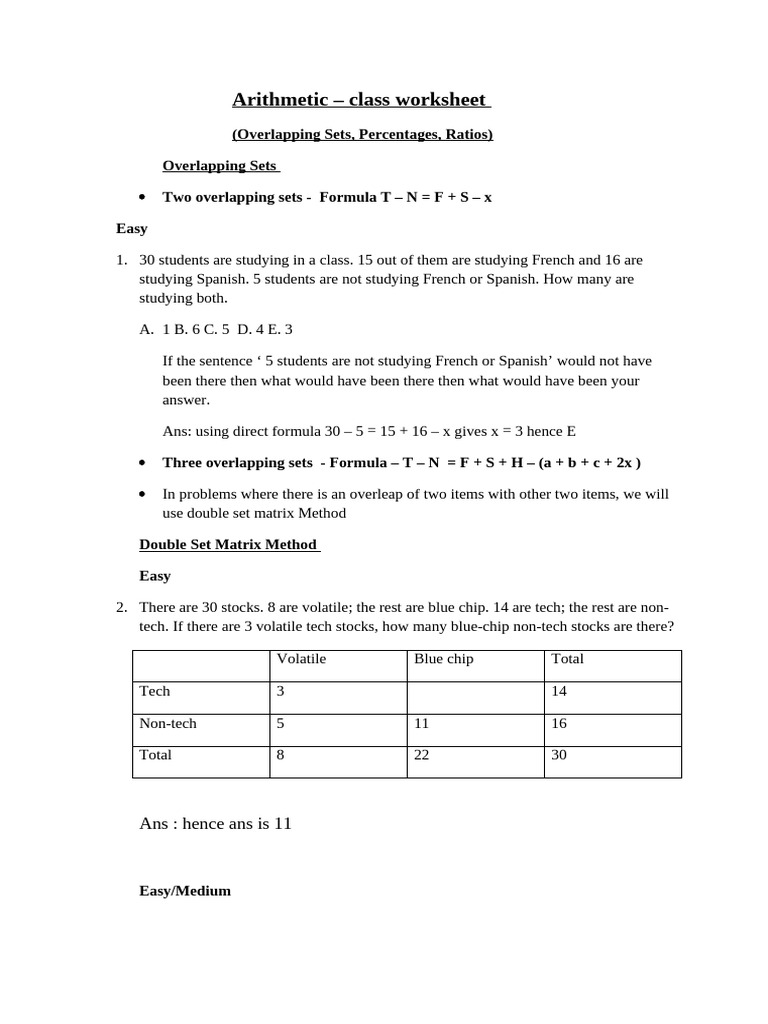 Arithmetic Worksheet: Sets, Percentages, Ratios | PDF | Ratio | Odds