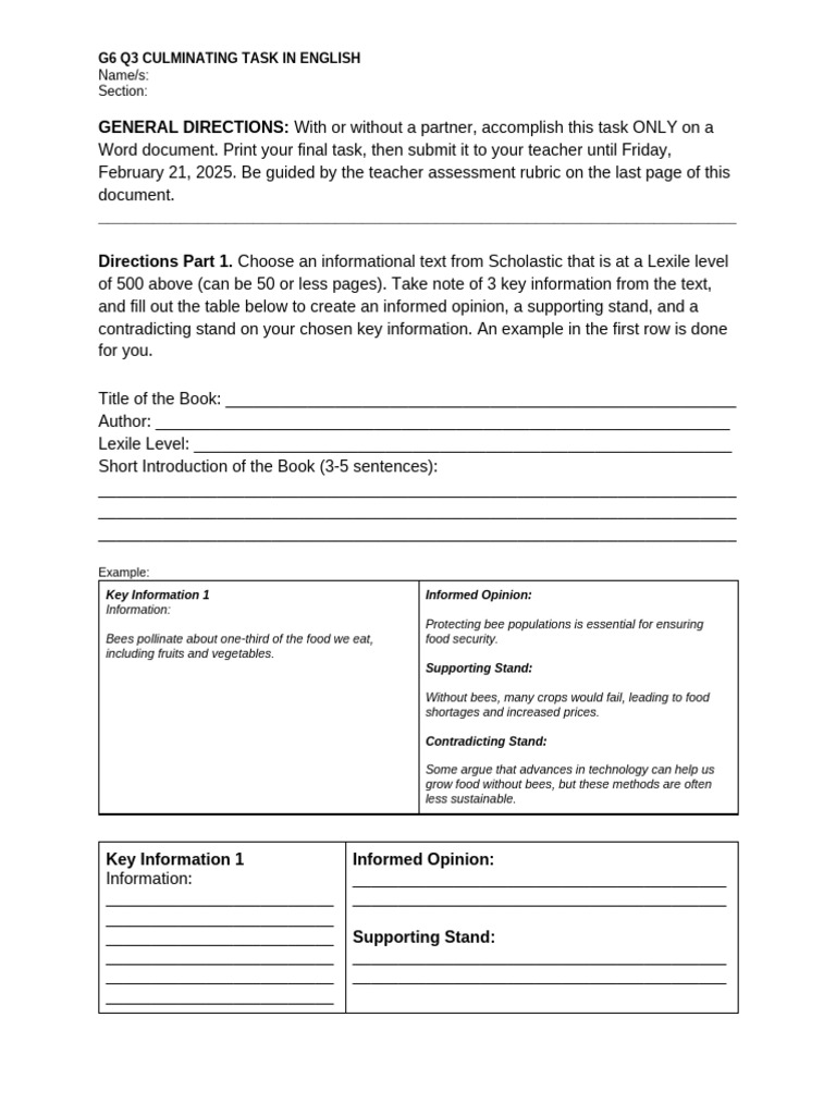G6 English Culminating Task Guide | PDF | Relevance | Information