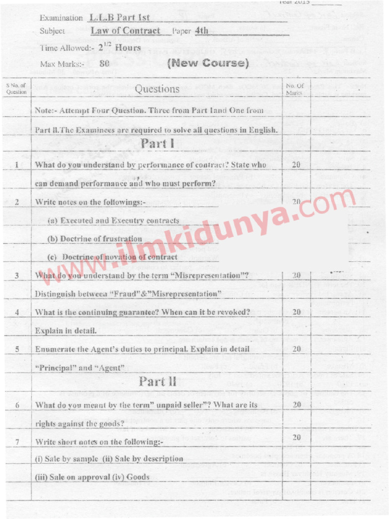 Past Papers 2015 BZU LLB Part 1 Law of Contract Subjective | PDF
