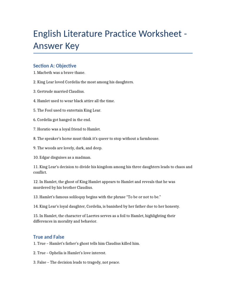 English Literature Answer Key | PDF
