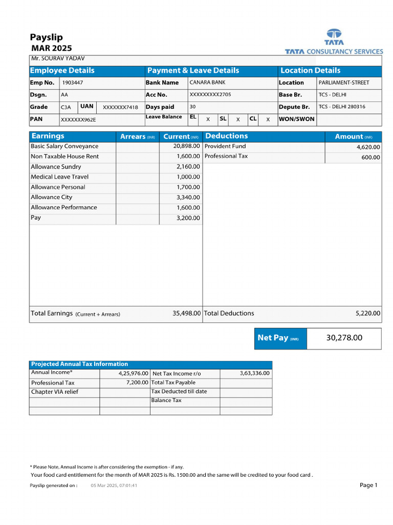 Payslip Mar 2025 Tcs | PDF