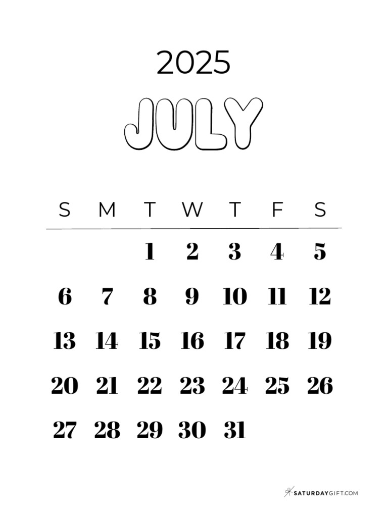 07 SEP Cute Bubbly July 2025 Calendar Black White Free Printable Sunday ...