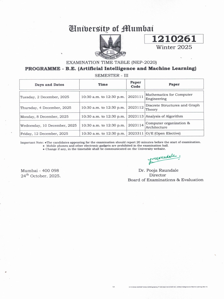 Mumbai University B.E. Sem 3 Timetable 2025 | PDF | Information Science ...