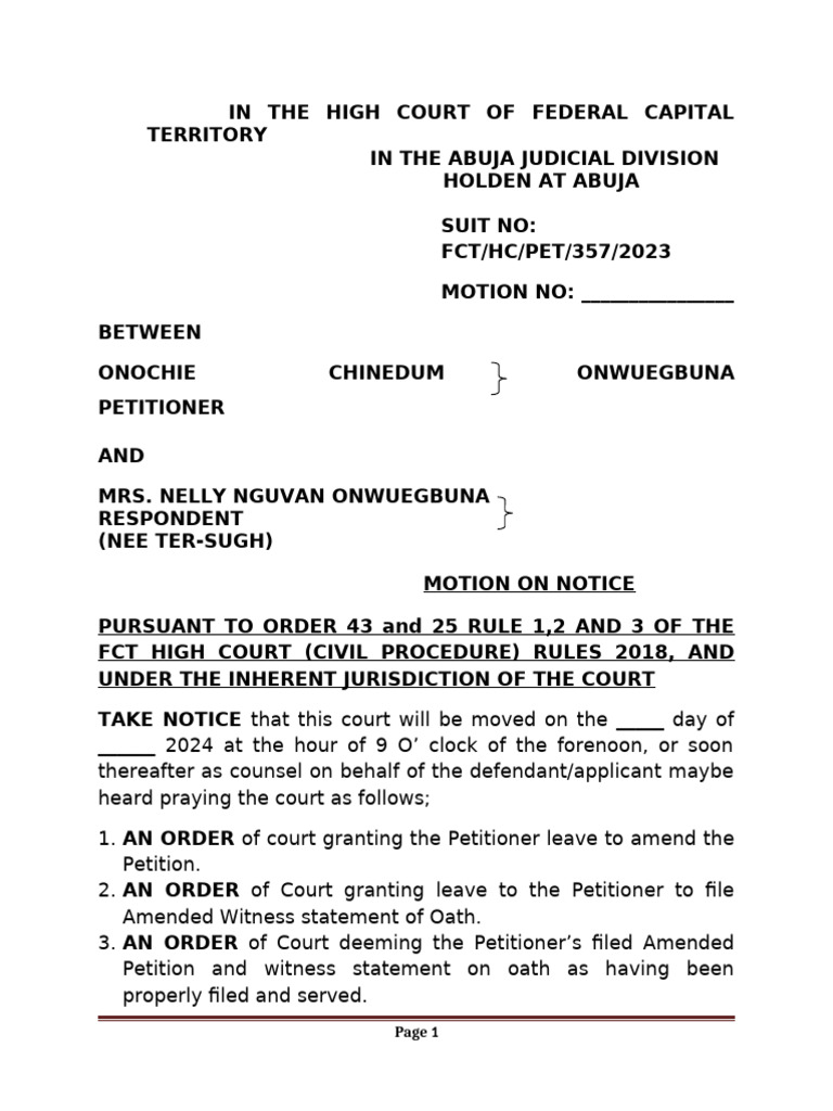 Motion to Amend Petition for Nelly Onwuegbuna | PDF | Pleading | Affidavit