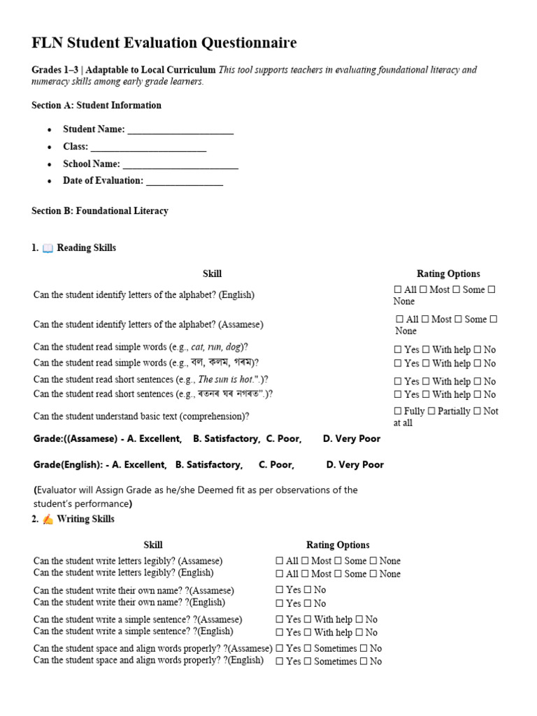 FLN Student Evaluation Tool for Grades 1-3 | PDF | Literacy | Behavior ...