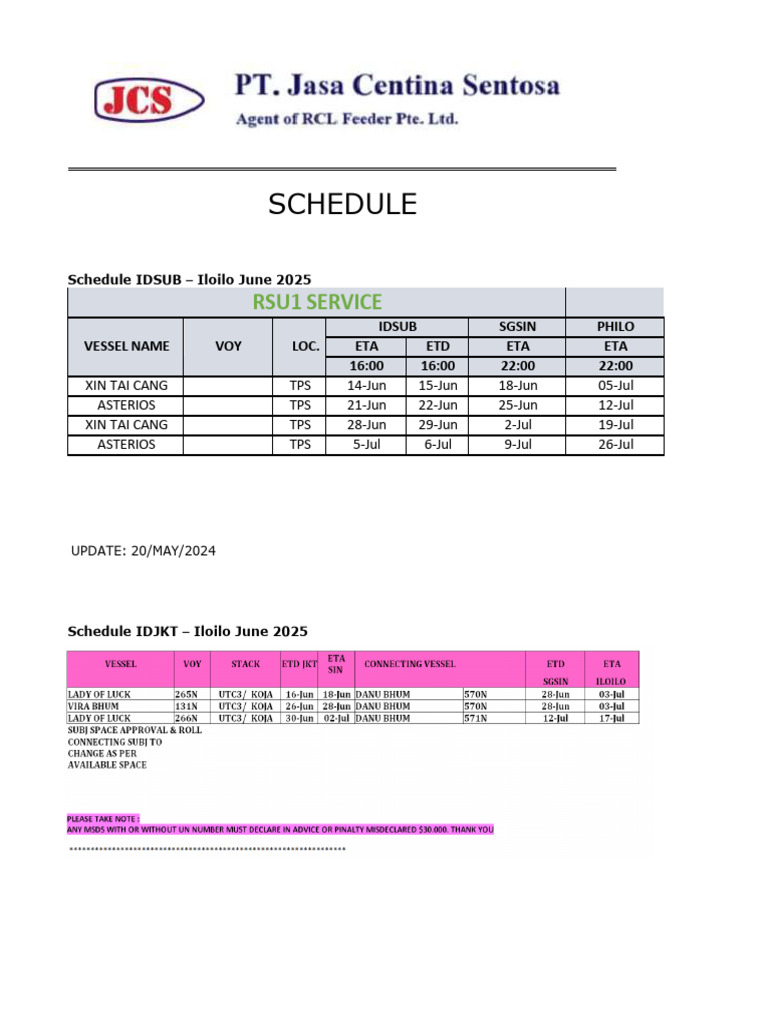 RCL Schedule Idjkt & Idsub - Iloilo June'25 | PDF