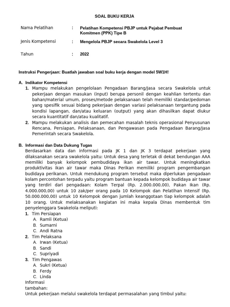 JAWABAN Soal Buku Kerja PPK B - JK Mengelola PBJP Secara Swakelola Level 3 M. Yulian MAryadi | PDF