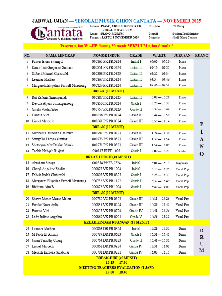 Draft Timetable Ujian Instrument Gihon Cantata s2 2025 (Revisi) | PDF ...