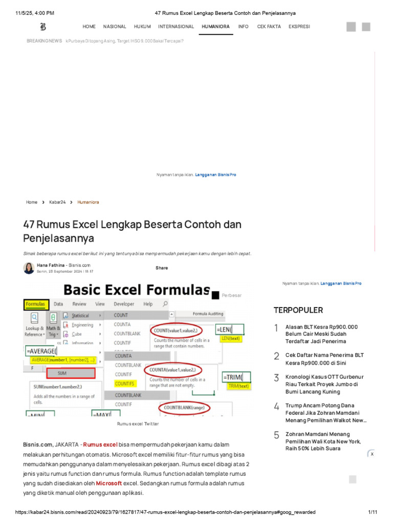 47 Rumus Excel Lengkap Beserta Contoh Dan Penjelasannya | PDF