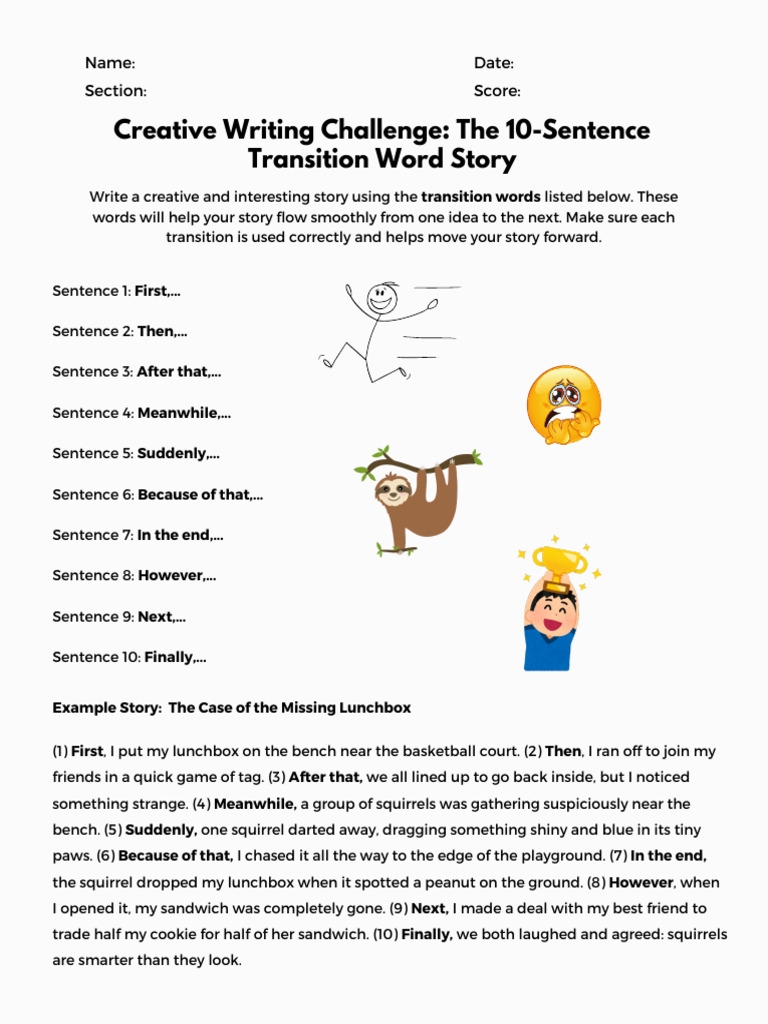 Creative Writing Challenge The 10 Sentence Transition Word Story | PDF