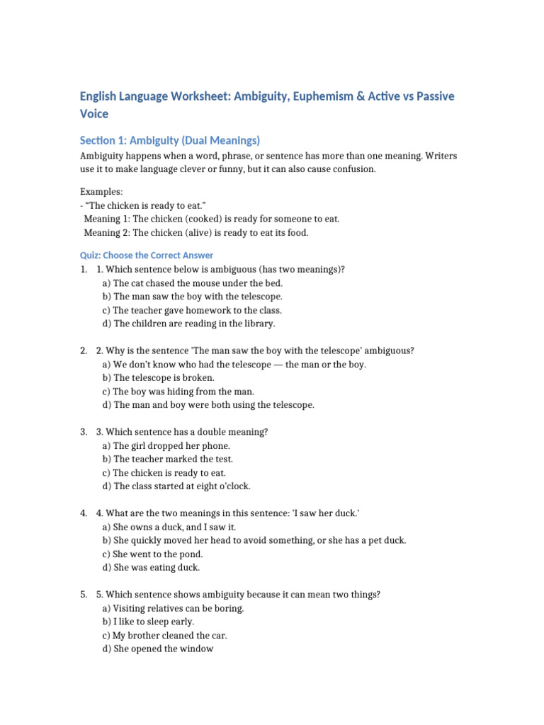 Grade8 Language Worksheet Ambiguity Euphemism Active Passive | PDF ...