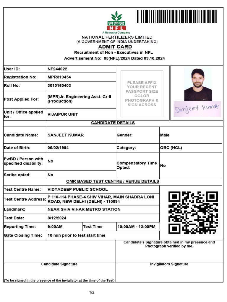 Admit Card: Please Affix Your Recent Passport Size Color Photograph ...