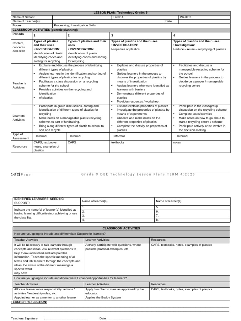 Grade 9 Technology Lesson Plan: Plastics | PDF | Lesson Plan | Learning
