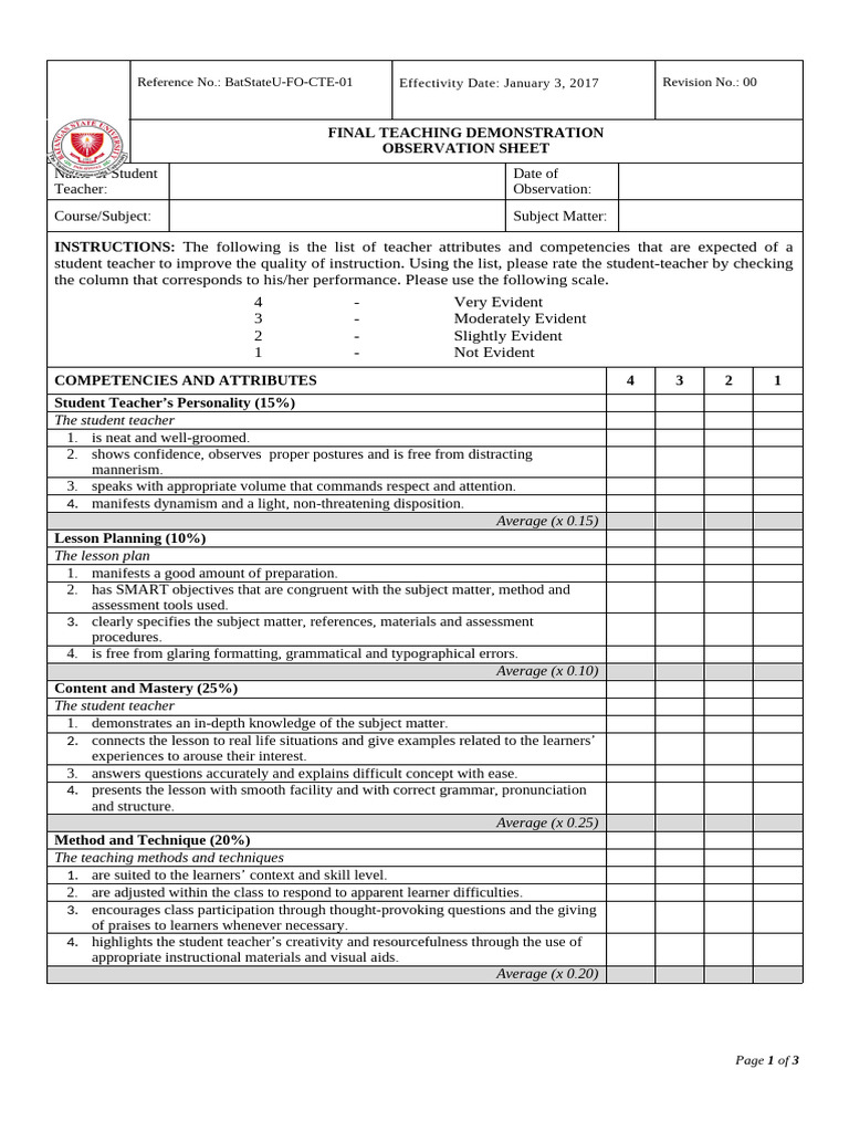 Teaching Demonstration Observation Sheet | PDF | Educational Assessment ...