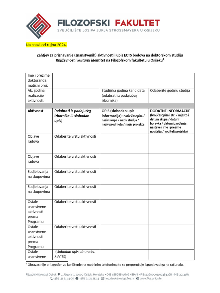 Obrazac Zahtjeva Za Priznavanje ECTS 2024 | PDF