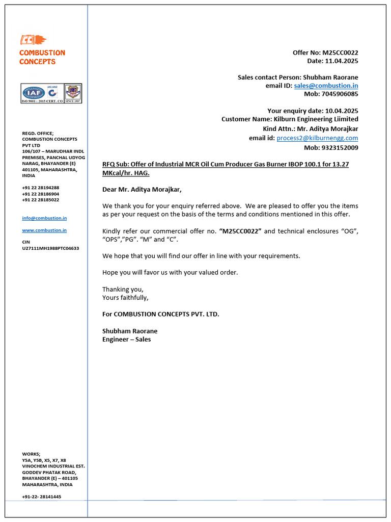 M25CC022 Kilburn Engineering LTD IBOP 100.1 MCR Oil Cum Producer Gas ...