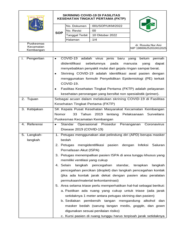 Sop Skrining Covid-19 Di Fasilitas Kesehatan Tingkat Pertama (FKTP) | PDF