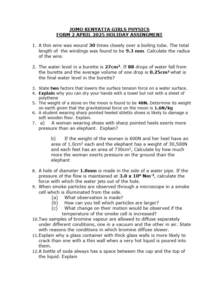 Physics F2 Holiday Assignment | PDF | Force | Water