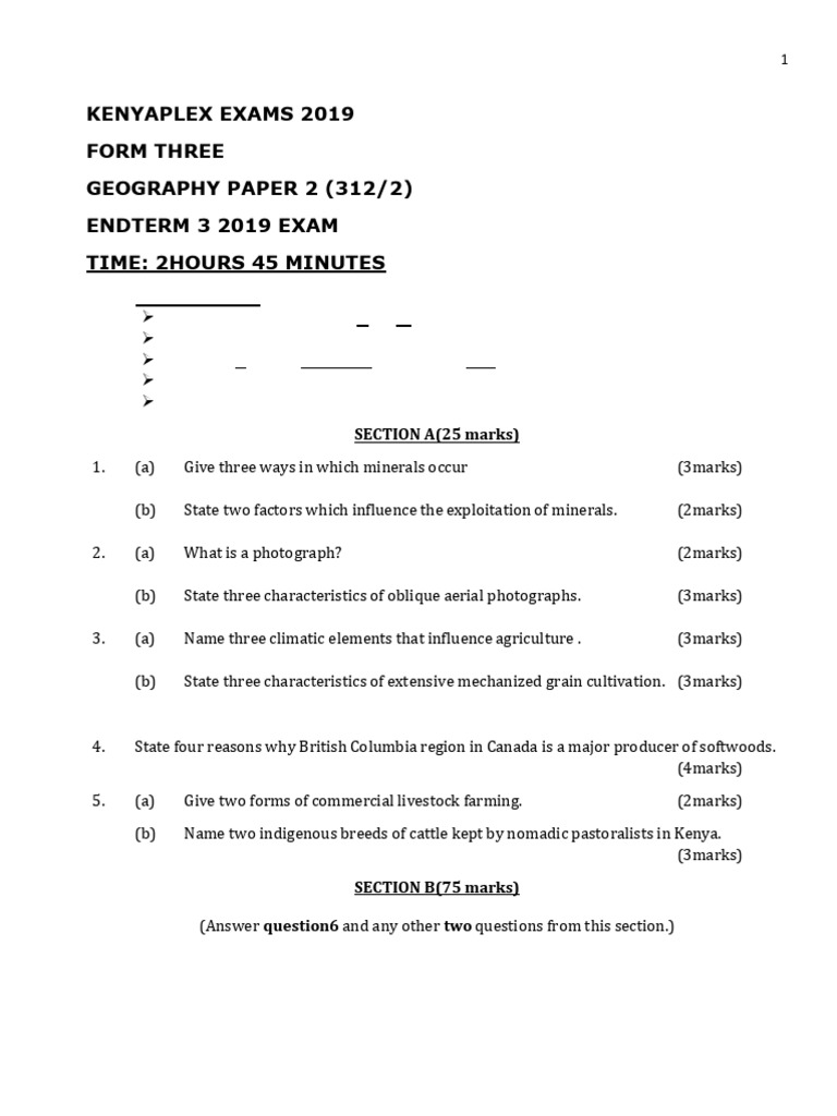 368 Geography Form 3 End of Term 3 Paper 2 Examination 2019 PDF Format ...