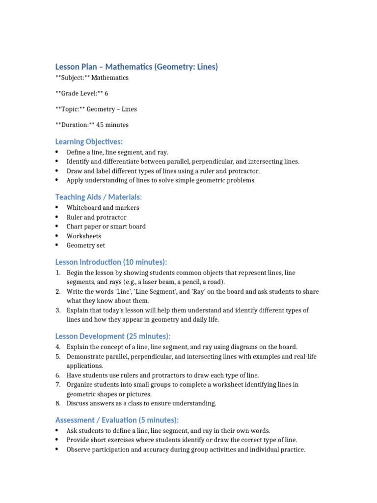 6th Grade Math Lesson Plan Geometry Lines | PDF