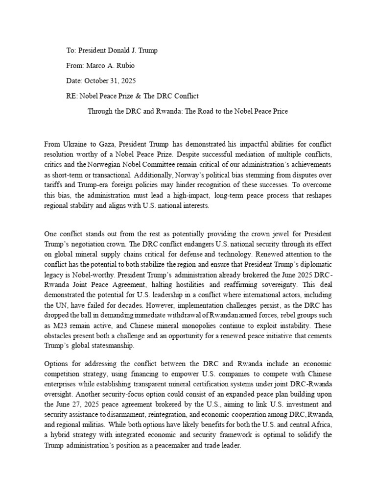 Trump Nobel Peace Prize DRC - Rwanda Memo | PDF | Democratic Republic ...