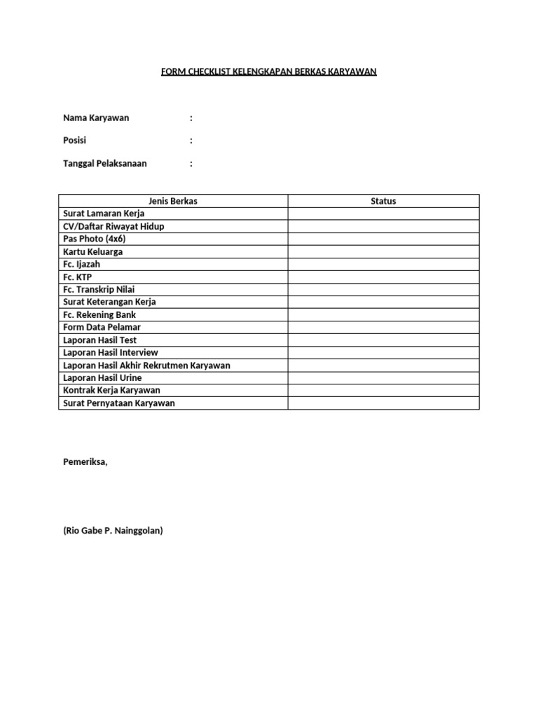 Form Checklist Kelengkapan Berkas Karyawan | PDF