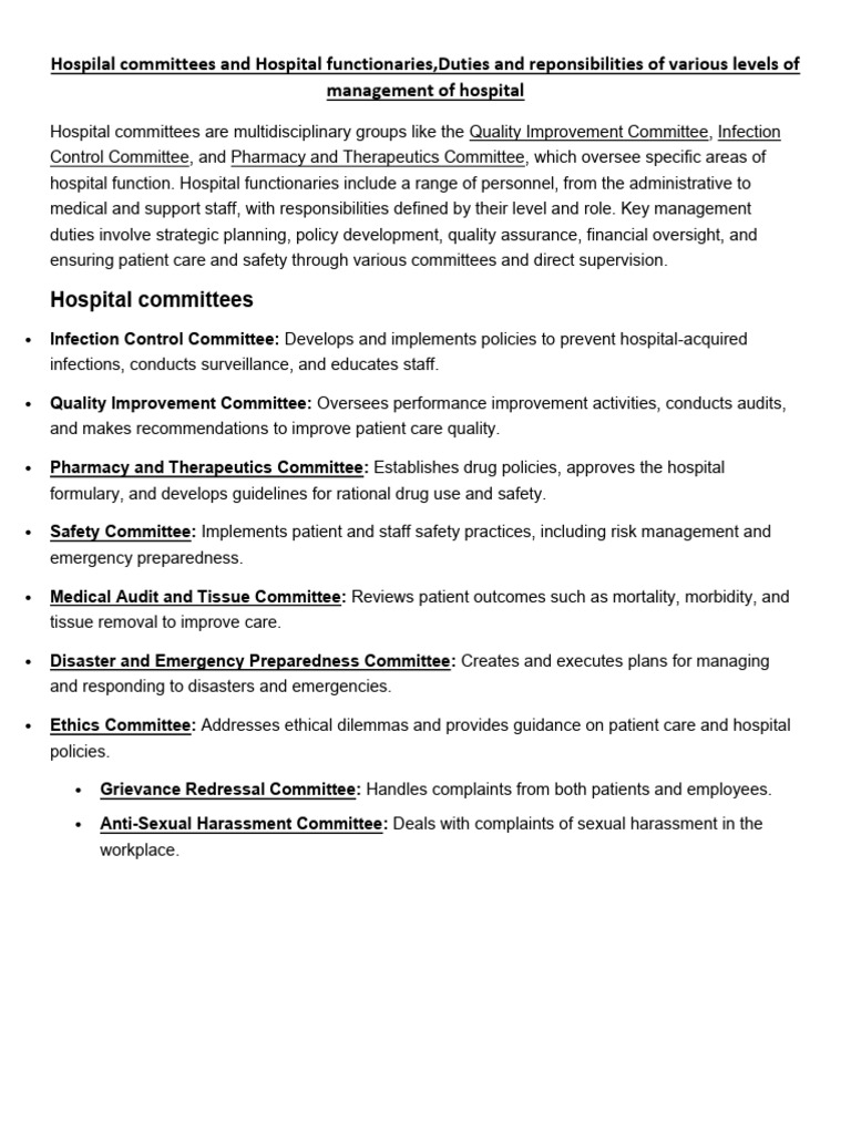 Hospilal Committees and Hospital Functionaries | PDF | Hospital ...